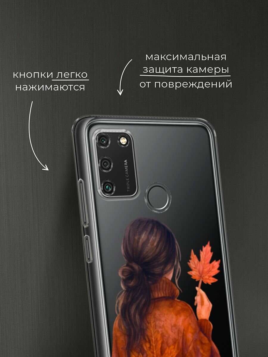 Чехол на Honor 9A / Хонор 9А с принтом "Девушка с опавшим листом", прозрачный — фото 1