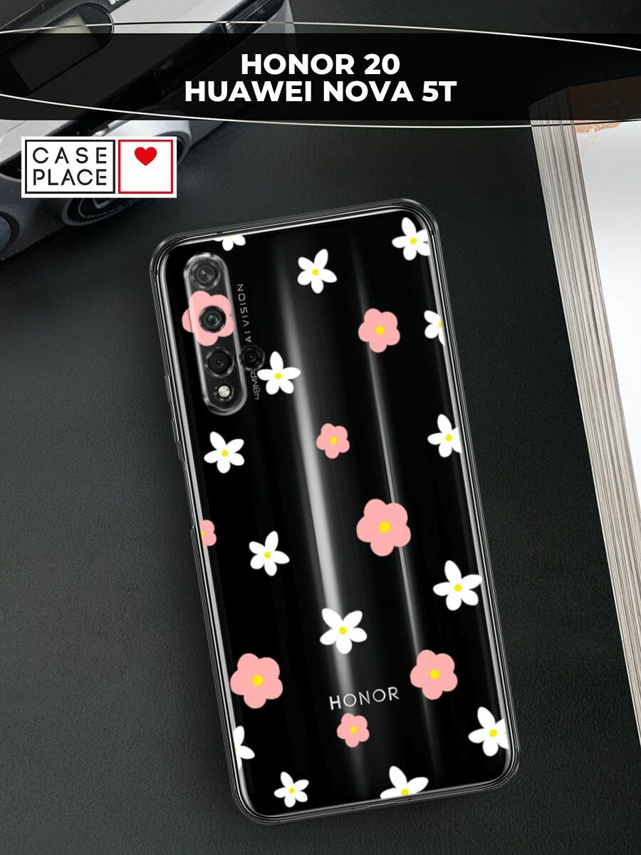 Чехол на Honor 20/Huawei Nova 5T / Хонор 20/Хуавей Нова 5Т с принтом "Розовые и белые цветы", прозрачный