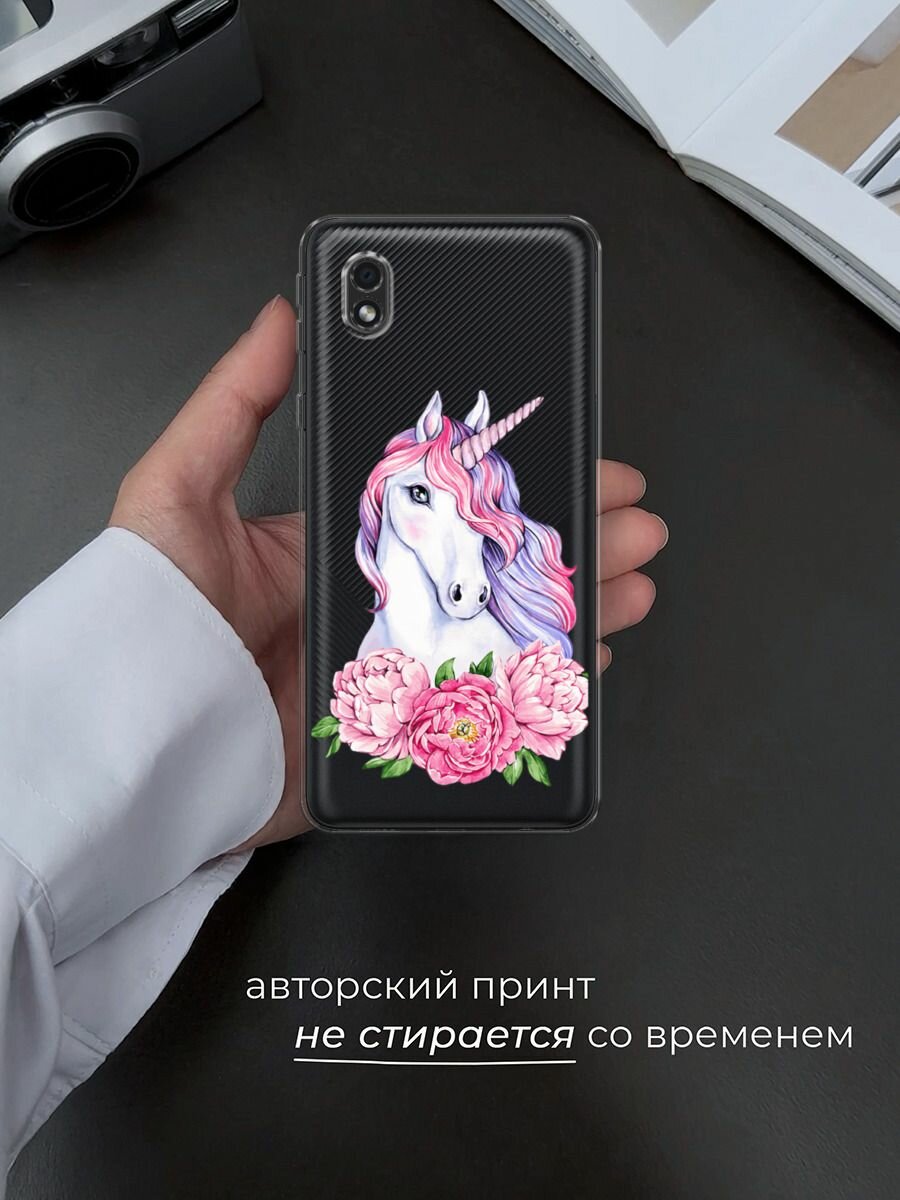 Чехол на Samsung Galaxy A01 Core / Самсунг Галакси А01 Core с принтом "Единорог с пионами", прозрачный — фото 1