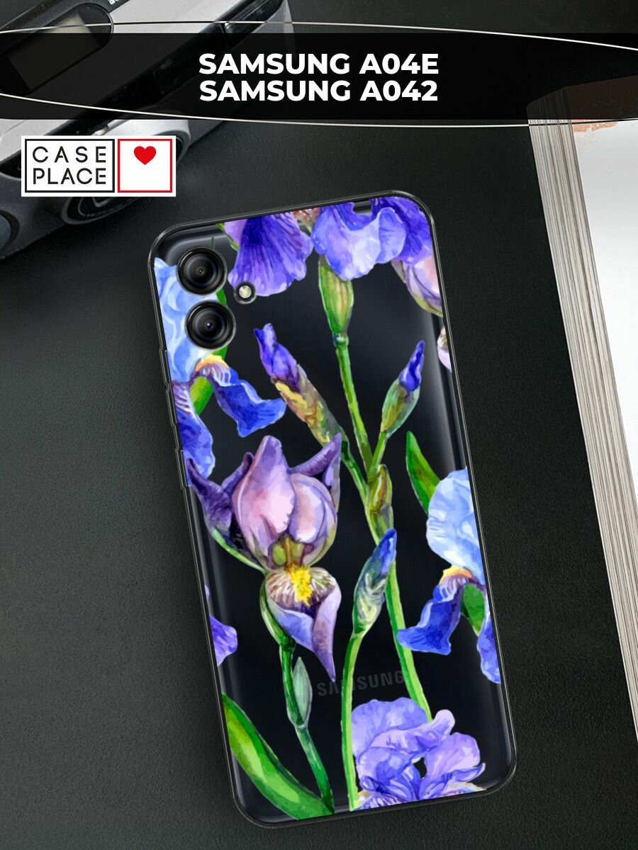 Чехол на Samsung Galaxy A04e / Самсунг A04e с принтом "Синие ирисы", прозрачный