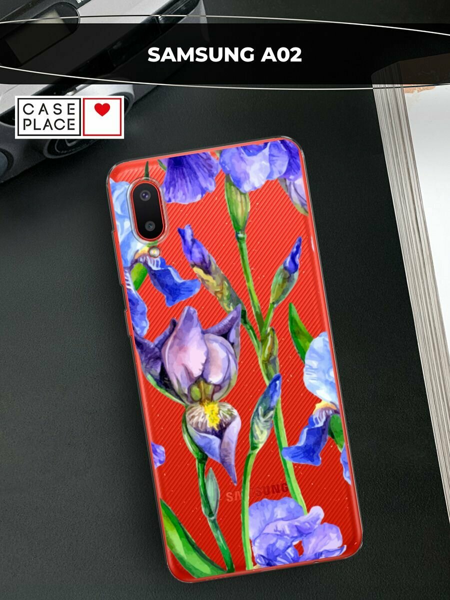 Чехол на Samsung Galaxy A02 / Самсунг Галакси А02 с принтом "Синие ирисы", прозрачный