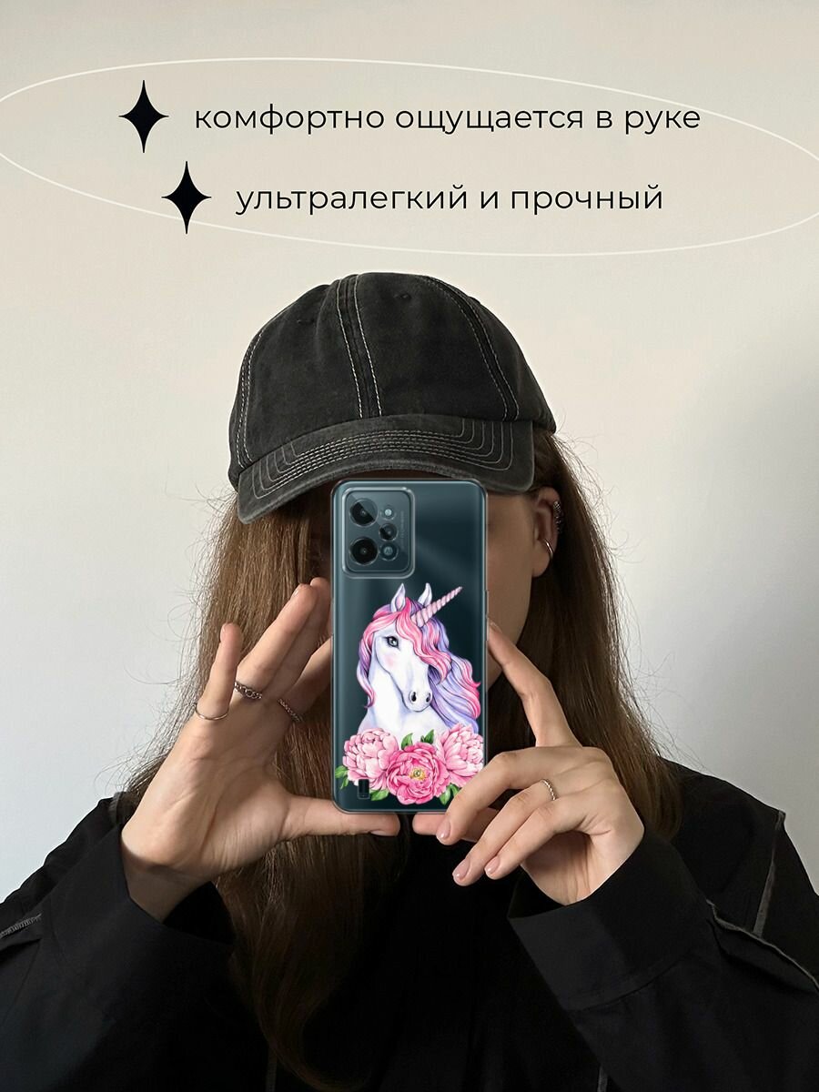 Чехол на Realme C31 / Реалми C31 с принтом "Единорог с пионами", прозрачный — фото 1