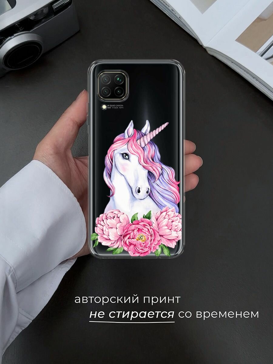 Чехол на Honor 30S Global/Huawei P40 Lite 5G/Nova 7 SE с принтом "Единорог с пионами", прозрачный — фото 1