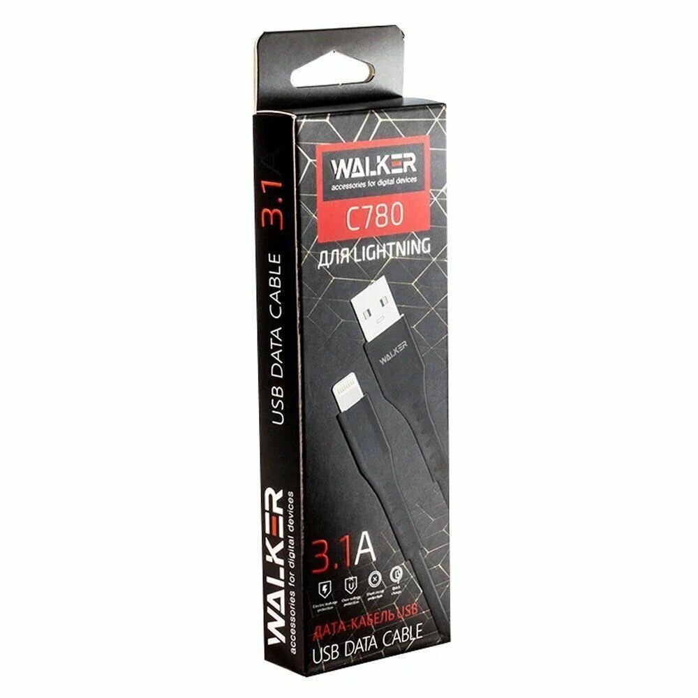 Кабель USB Lightning WALKER C780 3.1A, нейлон, быстрая зарядка, черный