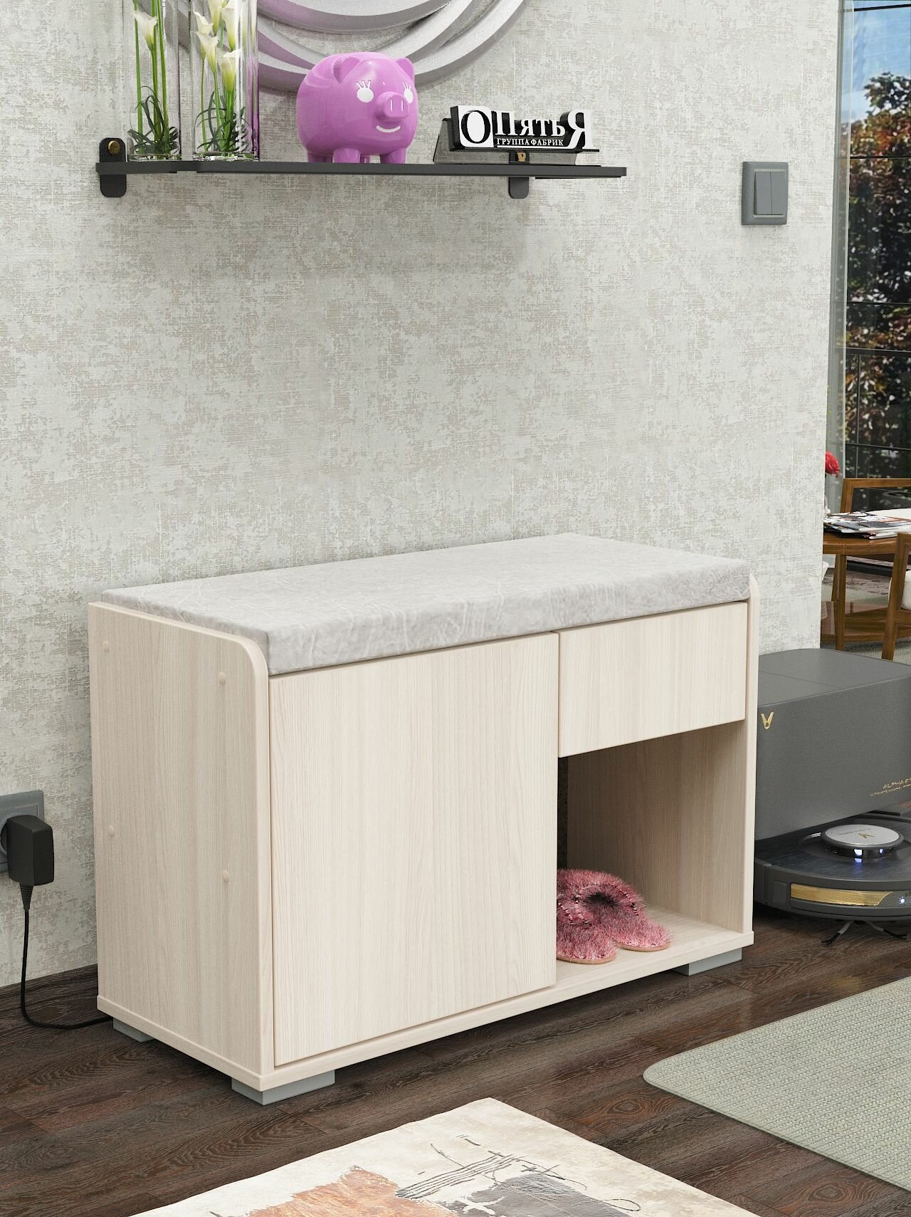 Обувница деревянная с мягким сиденьем, с ящиком для мелочей