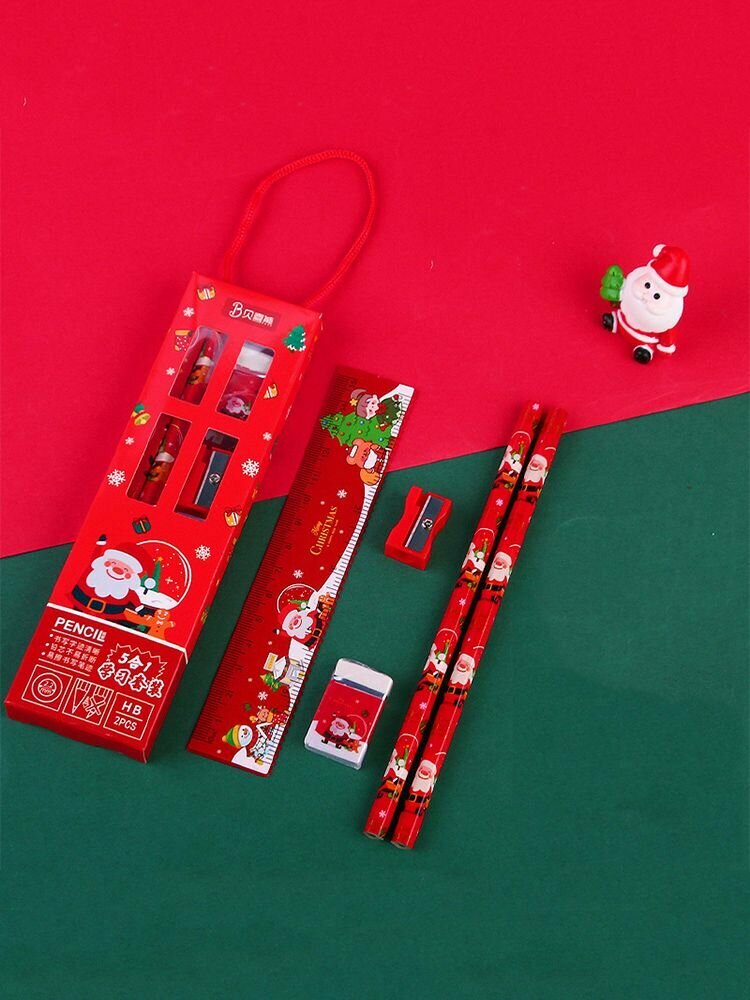 Детский рождественский набор канцелярии подарочный комплект с карандашами и ручкой, праздничный подарок для сада и дня рождения