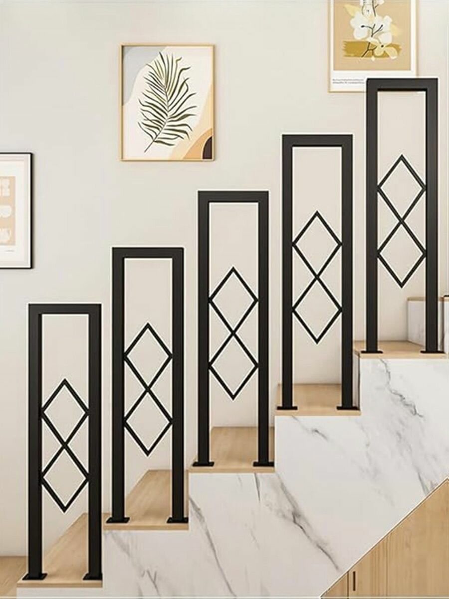 Кованые перила для лестницы U-образные с ромбовидным узором, 85/95/100 см, золото/белый/черный (дом, лофт, балкон, коридор)