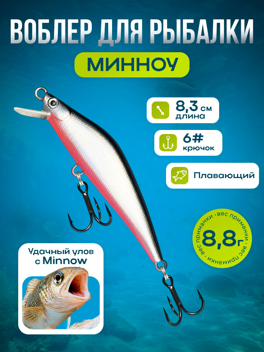 Воблер для рыбалки Minnow, плавающий, 8.3 см/8.8 г, черно-серебристая