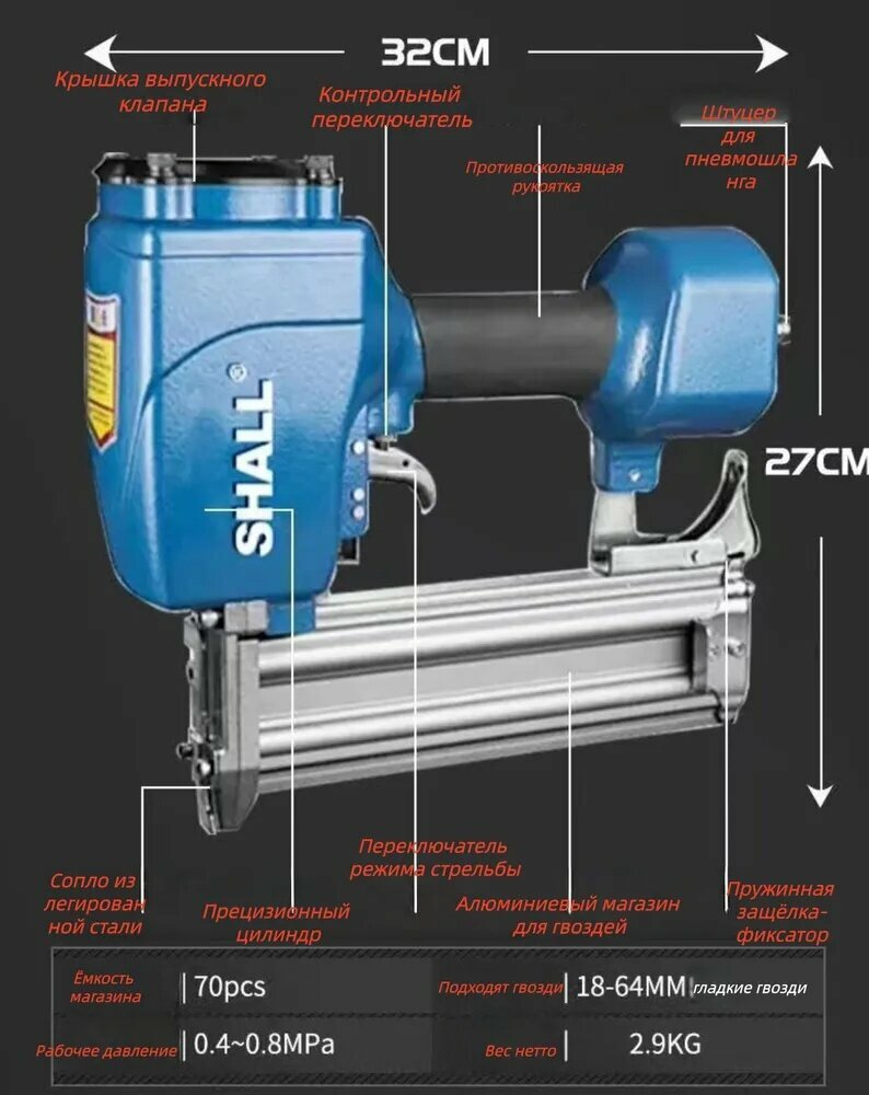 Нейлер пневматический ёмкость 100 гвоздей, длина гвоздей 10-64 мм, режим непрерывной скорострельной подачи