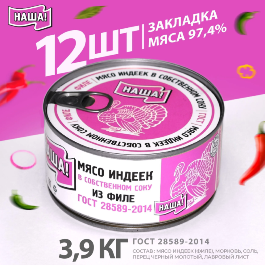 Мясо индеек в в собственном соку филе наша! ГОСТ 325г 12шт тушенка