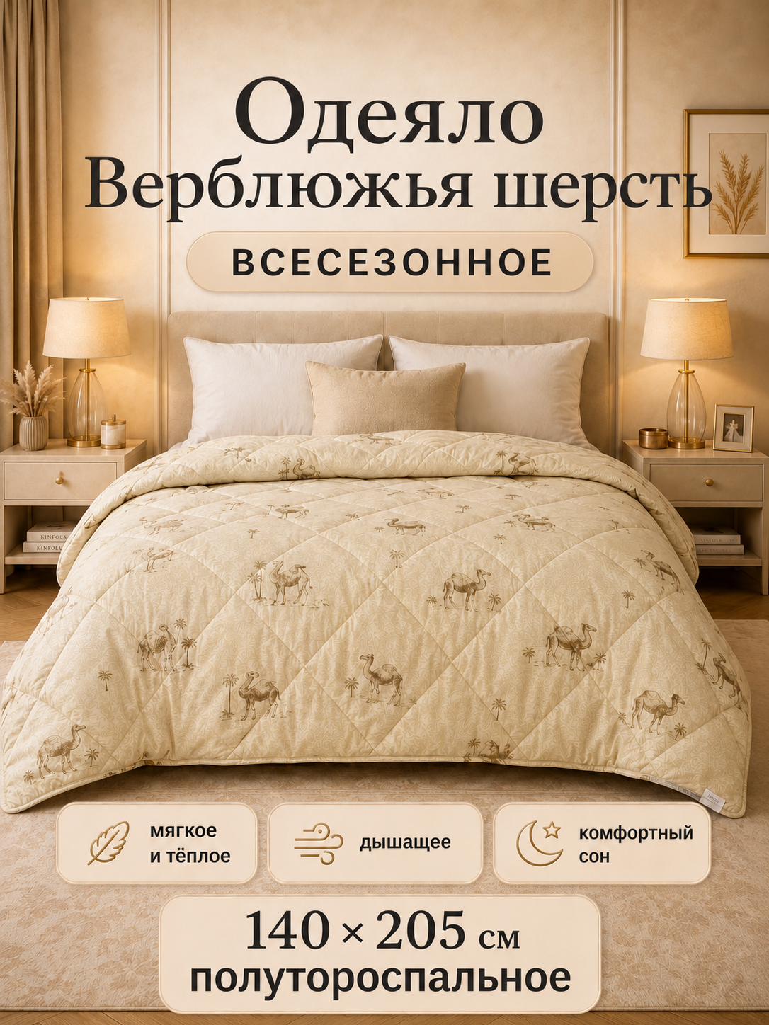Одеяло верблюжья шерсть всесезонное 1,5 спальное, чехол Микрофибра
