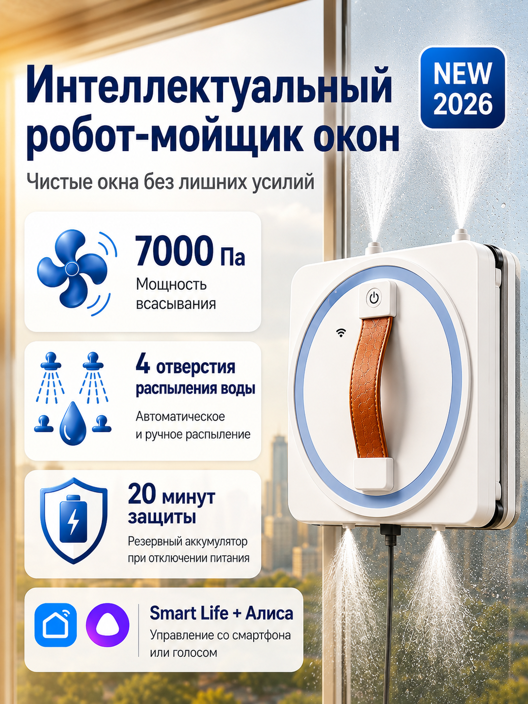 Робот мойщик окон квадратный с 4 распылителями 7000 ПА мощный