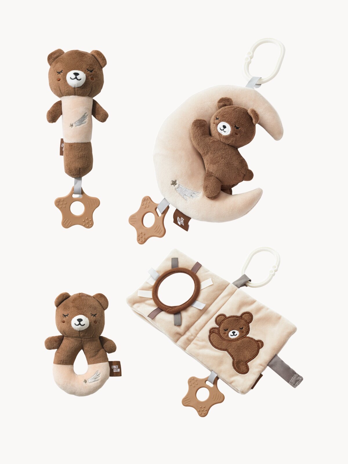 Набор Игрушки для новорожденных 0+ UNIX Kids Bear on the moon: прорезыватель, погремушка, книжка, подвесная игрушка, 4шт