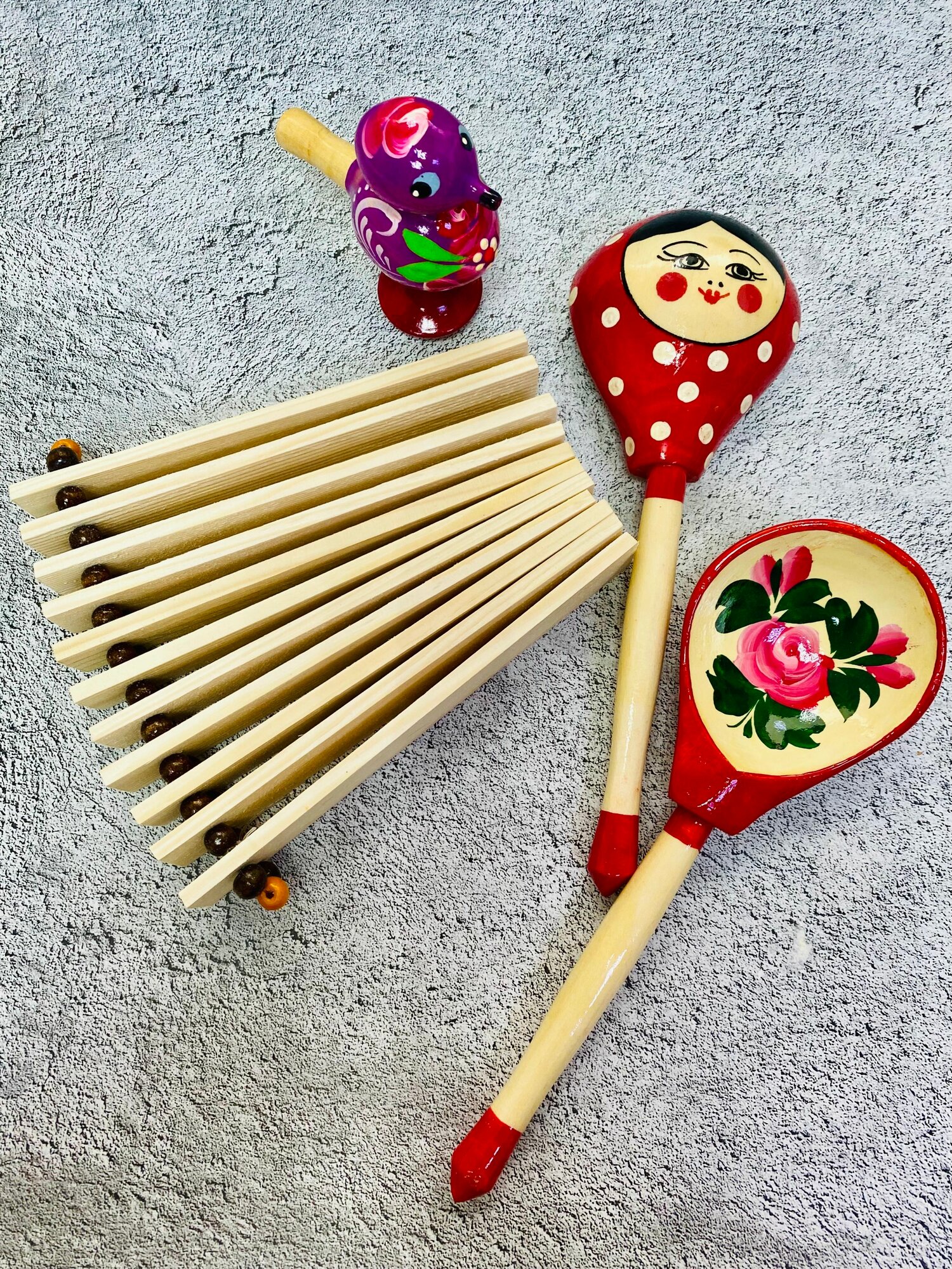 Музыкальный набор 4 предмета (веерная трещотка, свистулька, расписные ложки)