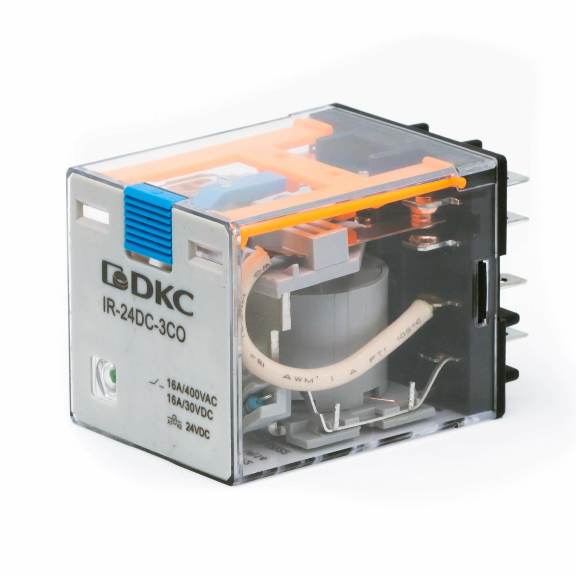 DKC Реле миниатюрное силовое, 3CO, ком. ток 16А, AgSnO₂, напряжение 230V AC, опция: тест-кнопка+светодиод, IR-230AC-3CO-D