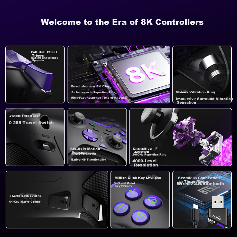 PXNPXN Shadow 8K Edition PC Wireless Game Controller Steam Bluetooth Switch Motion Sensing NS Android TV Mobile Dual Player Black Mythology Wukong Starry Night Purple