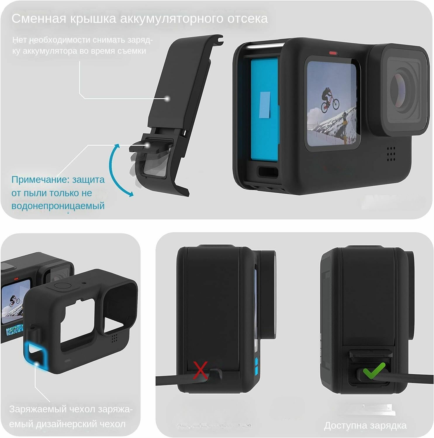 Черный силиконовый чехол для GoPro Hero 12/11/10/9 Black, боковая крышка аккумулятора, протекторы экрана, крышки объективов, ремешок, комплект аксессуаров, Fraternize-ROMIKY