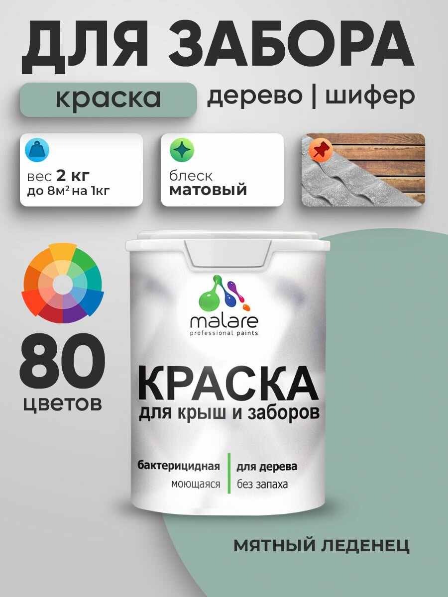 Акриловая краска Malare для деревянного забора/ по дереву для наружных и внутренних работ/ быстросохнущая моющаяся без запаха, матовая, мятный леденец, 2 кг.