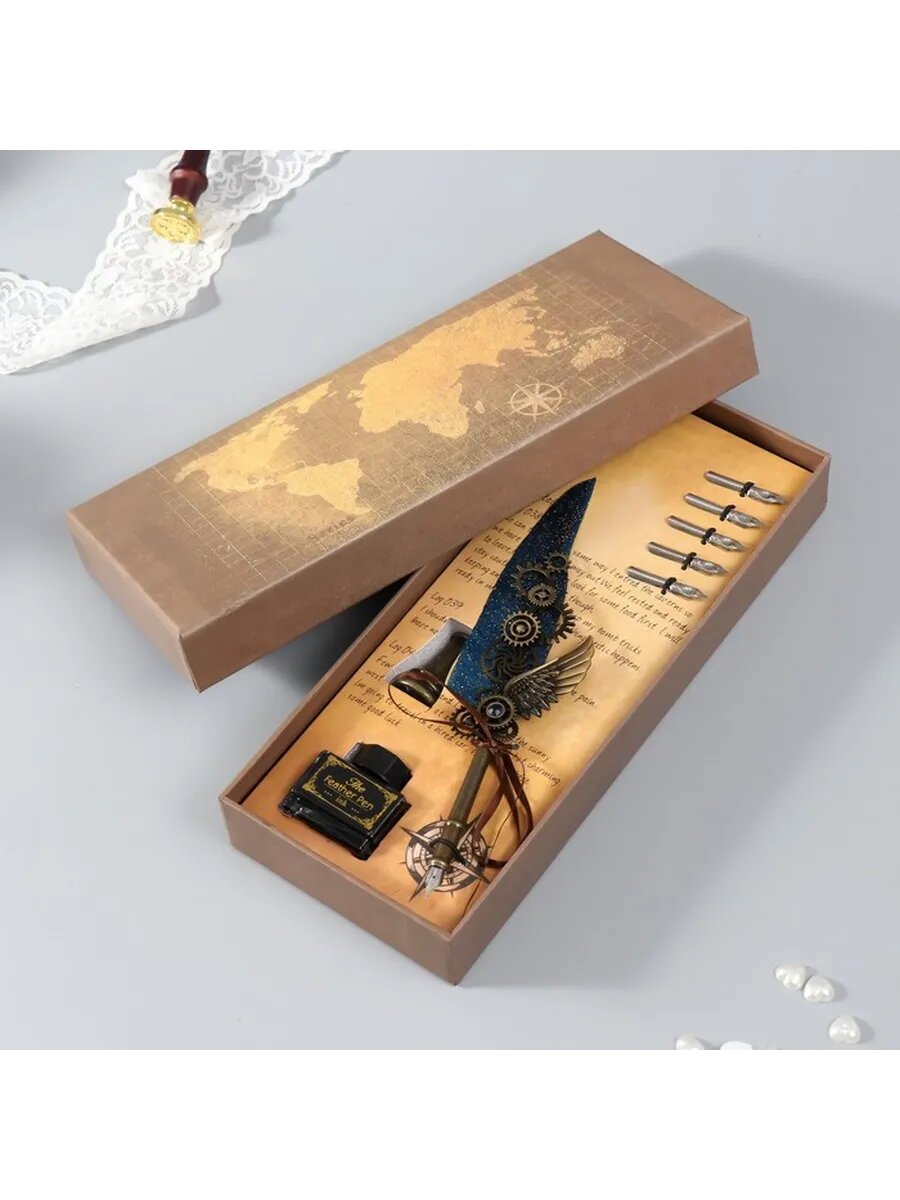 Набор ручка перьевая со сменными перьями+подставка+чернила