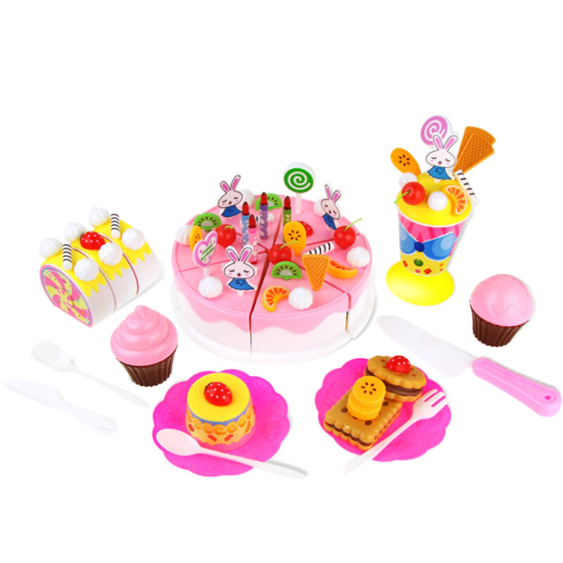 SRIWEN ролевые игры еда для детей, 70 шт. набор для резки торта на день рождения со свечами фруктовый десерт, кухонная игрушка для детей, малышей, мальчиков и девочек, возраст 3, 4, 5 лет, розовый