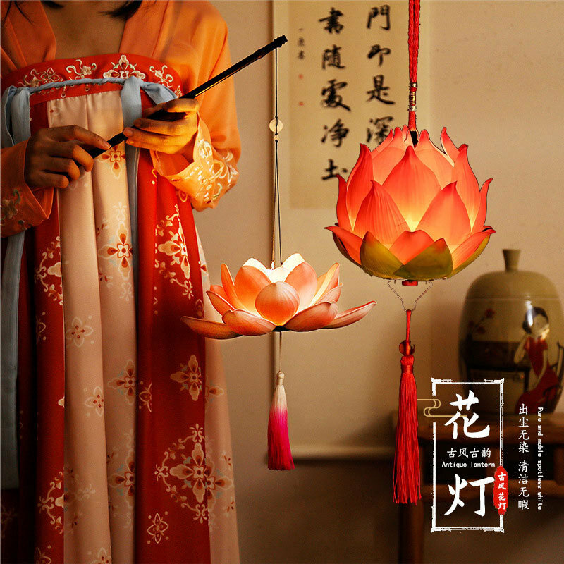Переносные фонари, благословляющие фонарики из лотоса, Китайский Новый год и Фестиваль фонарей，красный