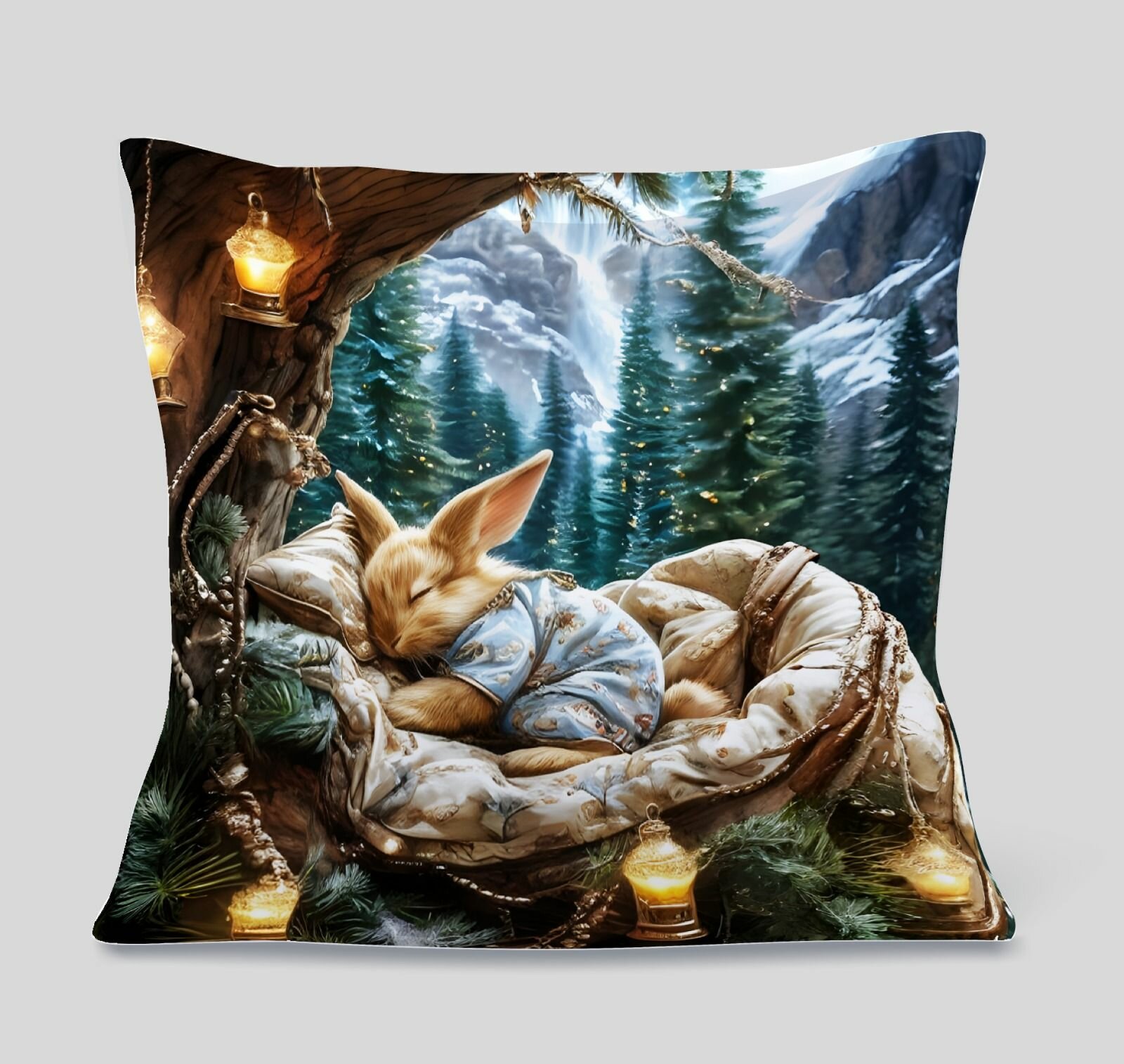 Подушка декоративная Спящий зайка в голубом 40х40 велюр