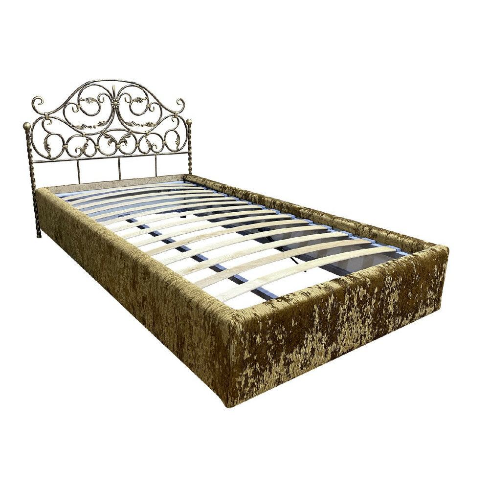 Кровать Кертис c кованым изголовьем цвет шоколад + патина солнечное золото, под матрас (ШхД) 100см Х 200см