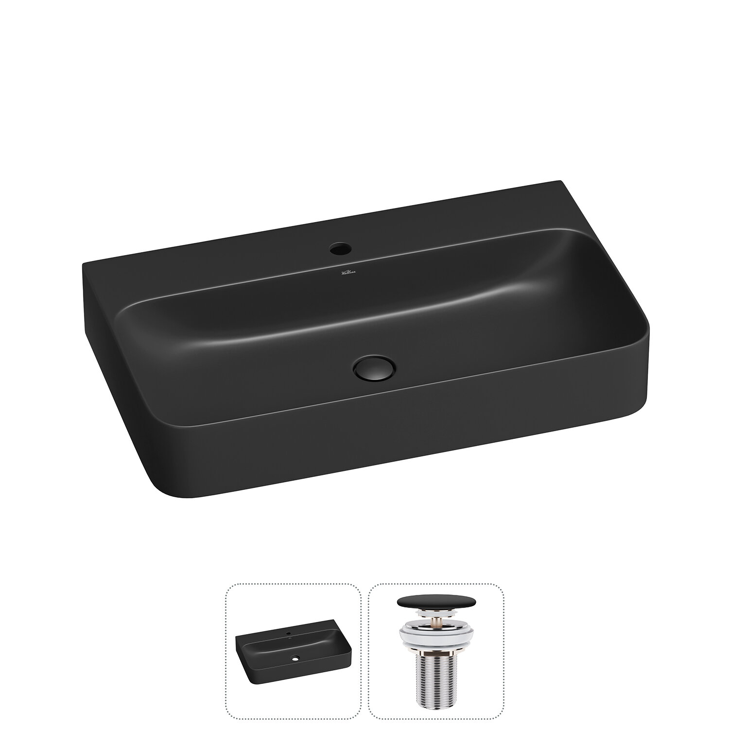 Подвесная или накладная раковина в ванную комнату Wellsee Clermont 302613000 в наборе 2 в 1: раковина 80 см в цвете матовый черный, донный клапан
