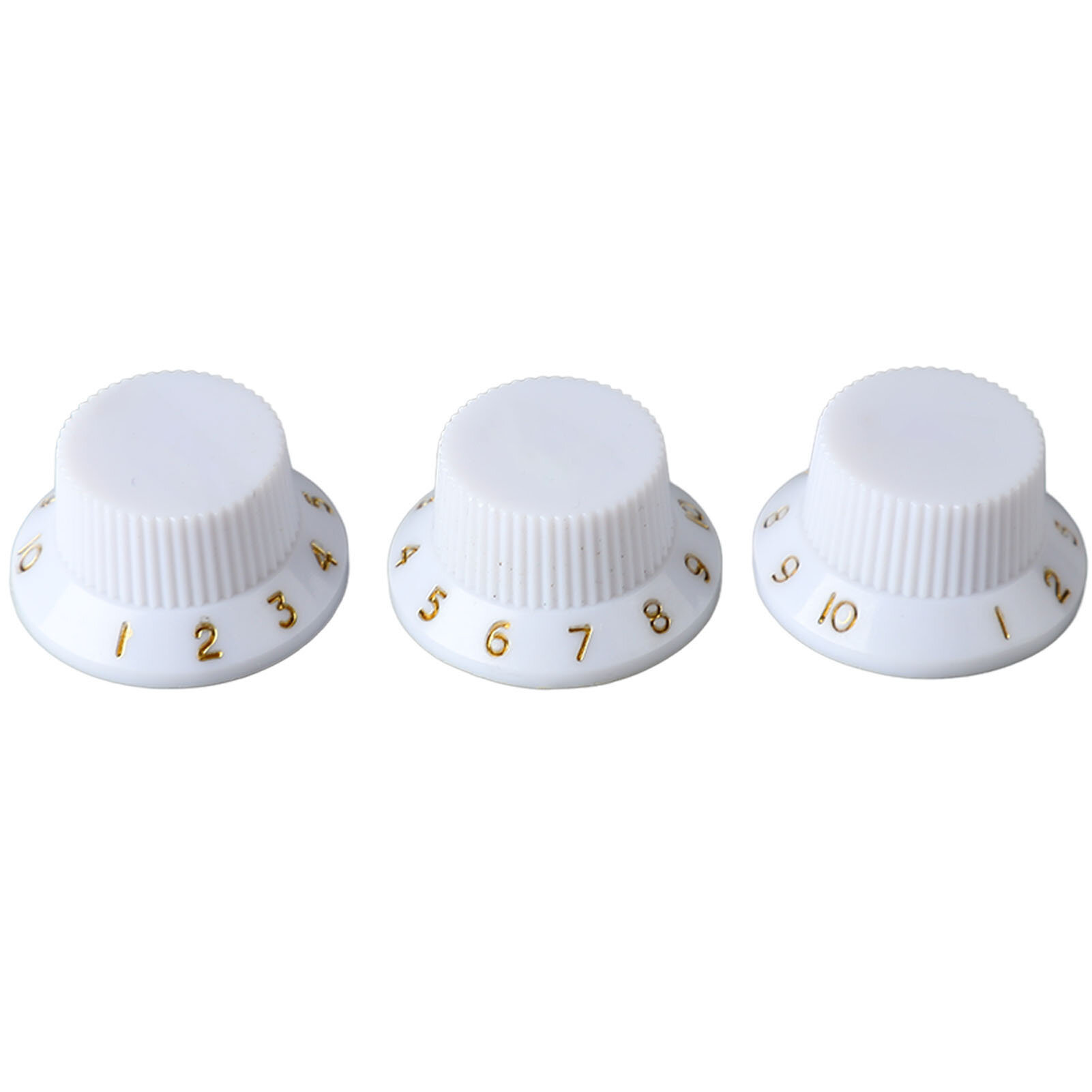 3 шт. Поворотные ручки потенциометра, регуляторы тембра и громкости для электрогитары и бас-гитары, надписи белого и золотого цвета.