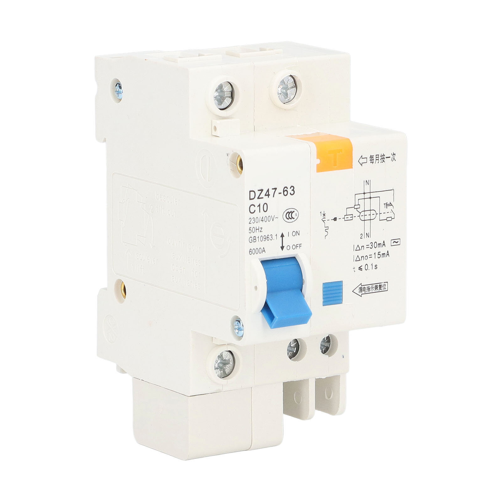 Автоматический выключатель Mini MCB 1P+N 10A 400V 30mA 6000A отключающая способность для дома