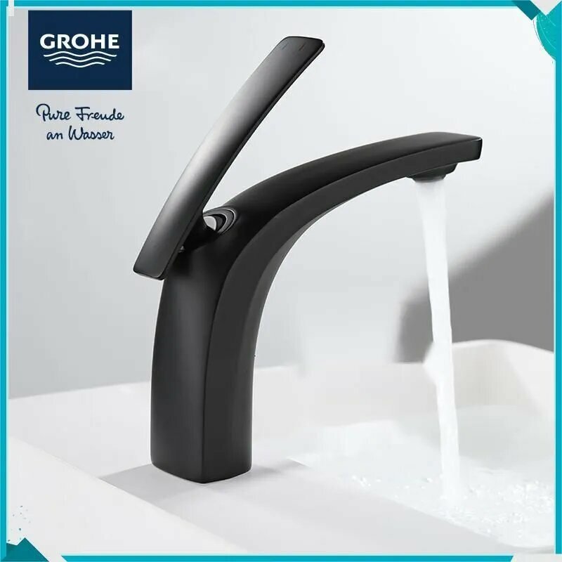 Смеситель для раковины GROHE, рычажное управление, черный матовый, защита от обратного тока