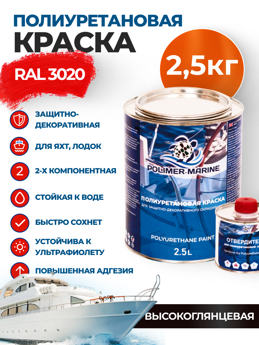 Краска полиуретановая 2К Polimer Marine высокоглянцевая красная комплект (2,125 кг + 0,375 кг)