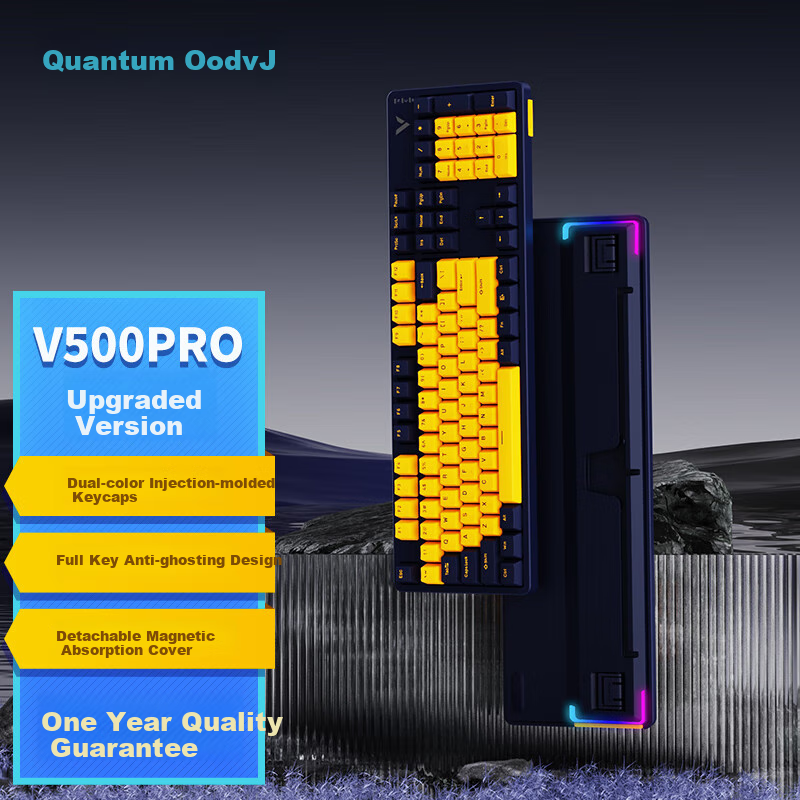 Rapoo V500PRO Yellow Blue Upgrade Edition 104-Key Wired Backlit Mechanical Keyboard with PBT Dual-color Keycaps for Computer Office Gaming Full Key Anti-ghosting Programmable Keyboard Red Switch