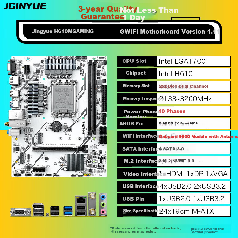 Jingyue H610M GAMING WIFI материнская плата с разъемом LGA1700 для Intel I3 12100F/12400F/13400F с DDR4 ARGB