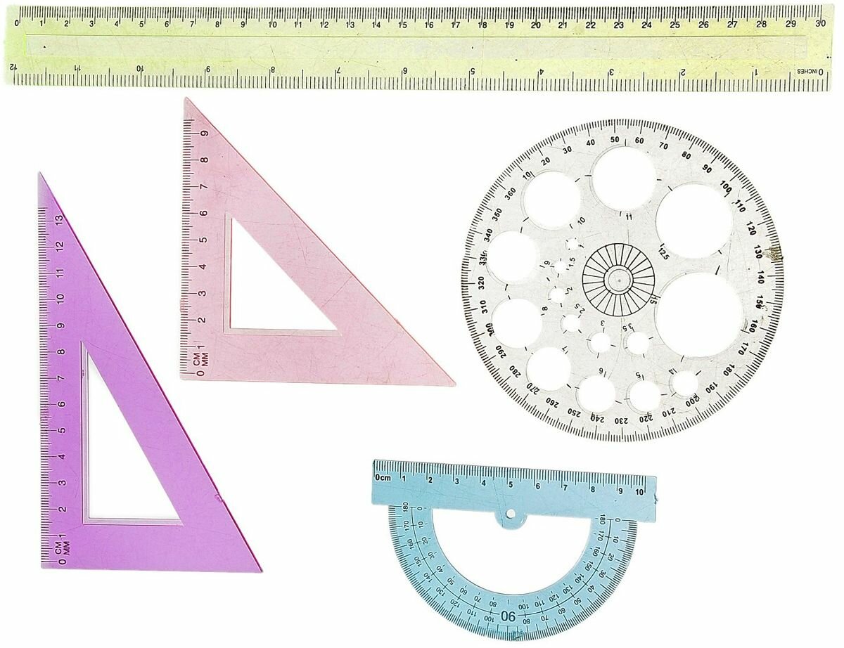 Набор линеек геометрический чертежный для школы, комплект: линейка гибкая 2 шкалы длиной 30 см, 2 прозрачных угольника, транспортир и трафарет окружности, микс