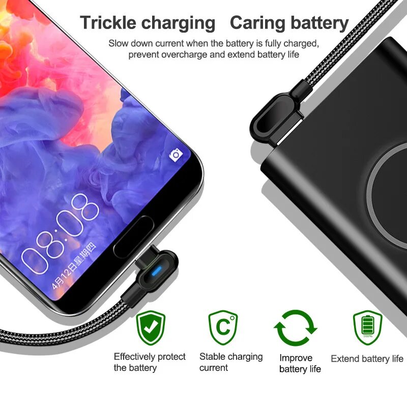 Кабель Micro USB - Type C С Угловым Разъемом 90 Градусов Для Быстрой Зарядки, Со Светодиодным Индикатором — фото 1