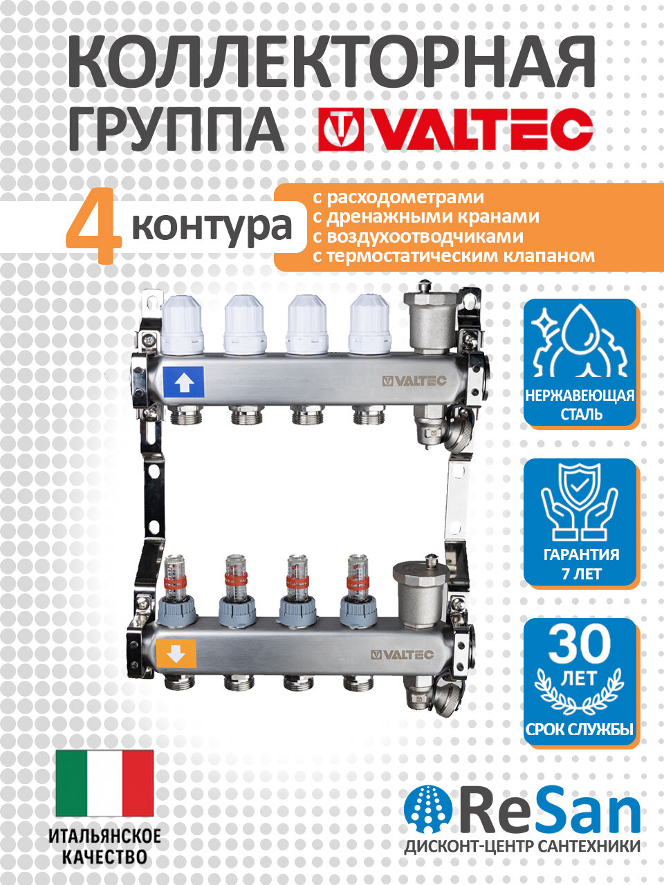 Коллекторная группа нержавеющая сталь со встроенными расходомерами в сборе 1х 4 выхода 3/4 ЕК VTm VTc.579. EMNX.0604