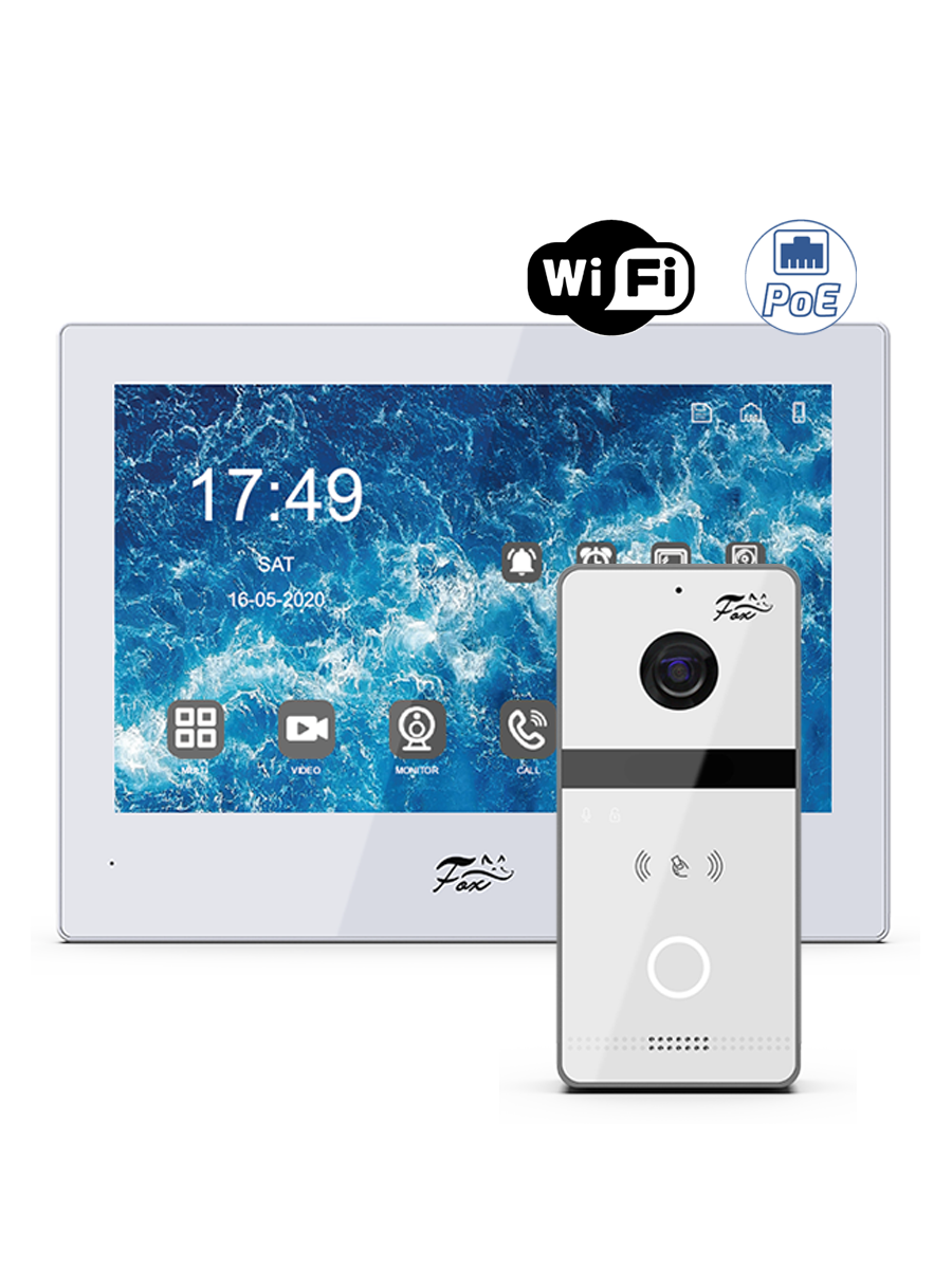 Беспроводной WiFi IP домофон Fox Андромеда 8" (белый), комплект с вызывной панелью, поддержка PoE, мобильное приложение