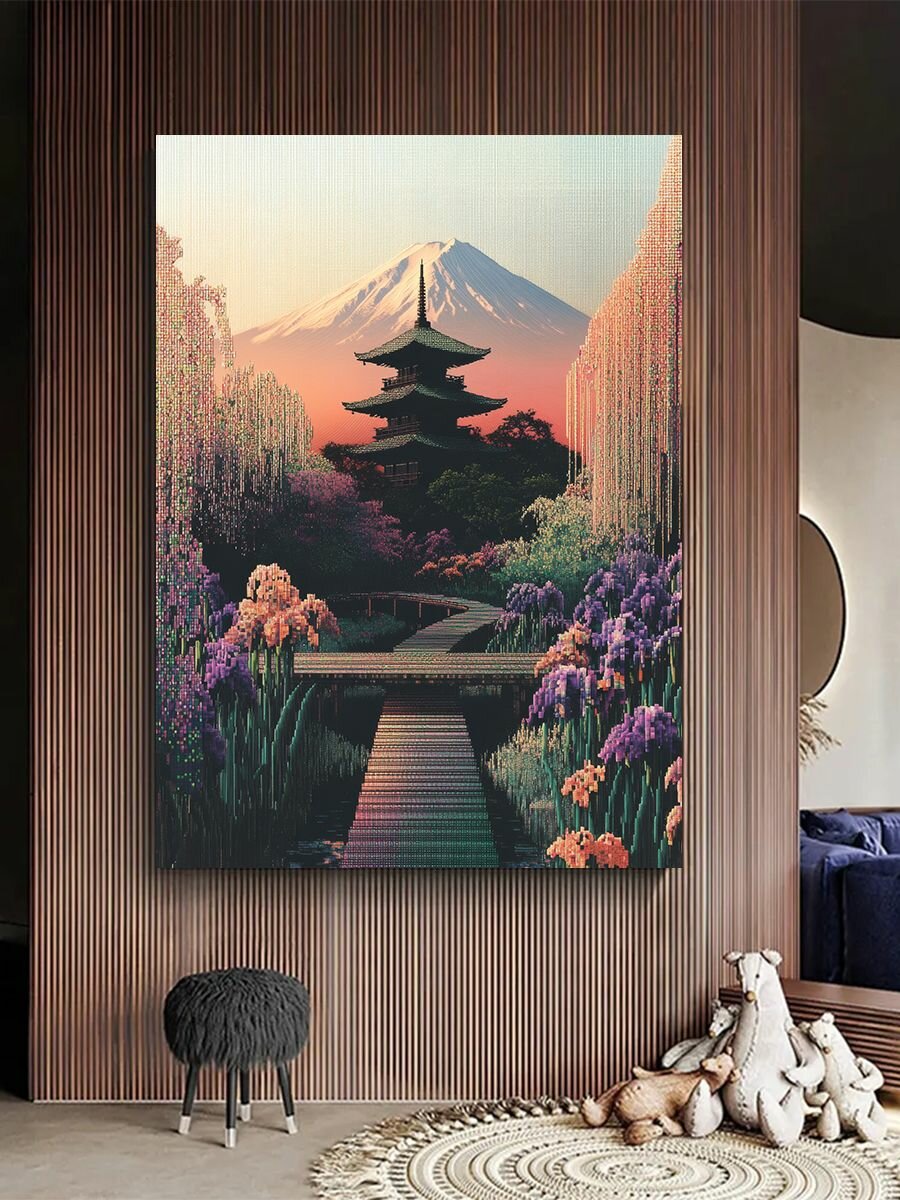 Картина на холсте - "Пейзаж в японском стиле / гора Фудзи и сакура" , 30х40 см.