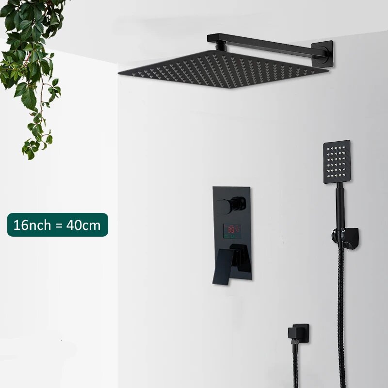 Матово-черный смеситель для душа с светодиодным цифровым дисплеем Комплект дождевого водопада Черная ванная система душа LCD-цифровой смесительный кран для душа и ванны — 2-хходовой, 16 дюймов