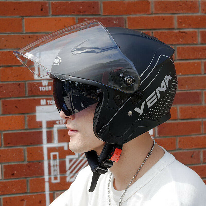 YEMA 3c Certified 639S Electric Scooter Helmet, Sun Protection, Dual Visor, Safety Helmet for Men And Women, Electric Bike Half Helmet, All-Season Universal Size, Matte Black with Speed Stripes And Clear Visor