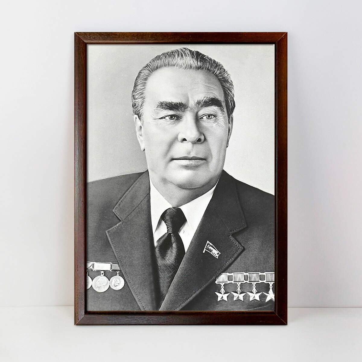 Портрет Брежнева Л. И. на холсте в рамке под дерево / А-4 (21x30 см.)