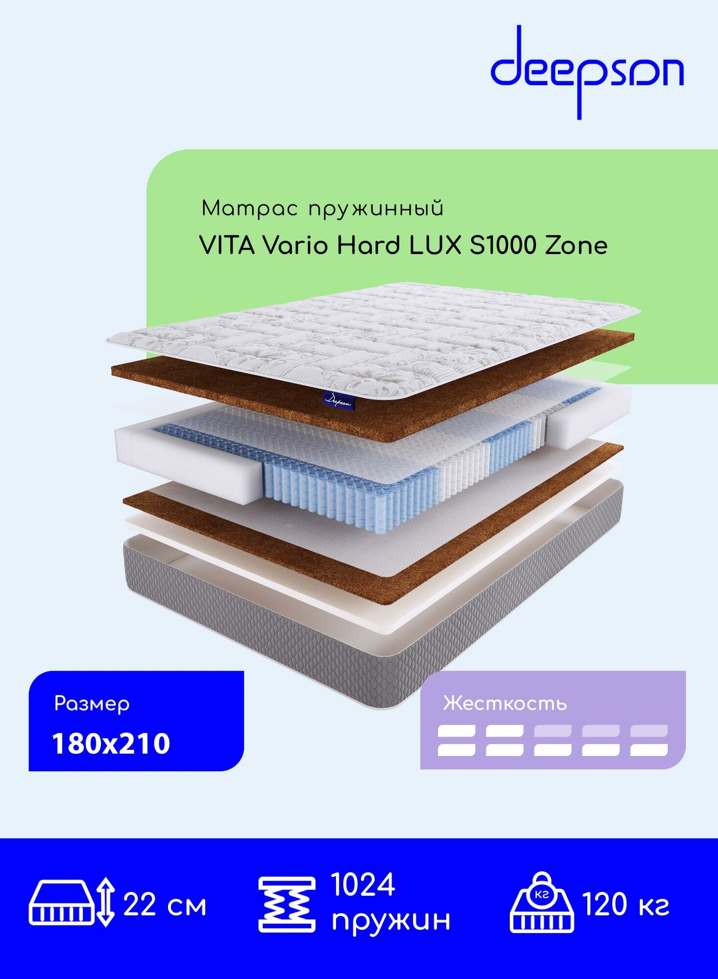 Матрас 180x210 ортопедический пружинный на кровать VITA Vario Hard LUX S1000 высота 22 см