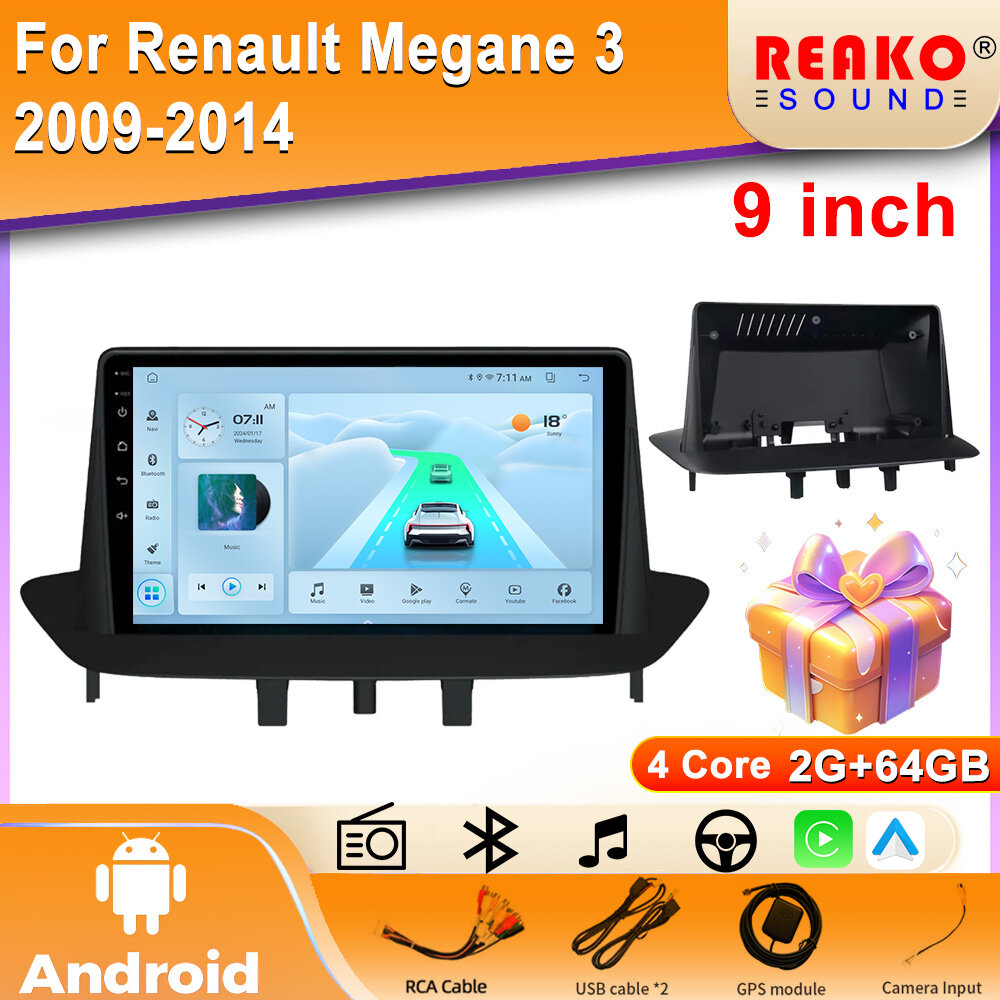 Магнитола для Renault Megane 3 2009-2014 , 4 ядерный процессор 2/64Гб ANDROID 10, QLED экран 9 дюймов, Wifi