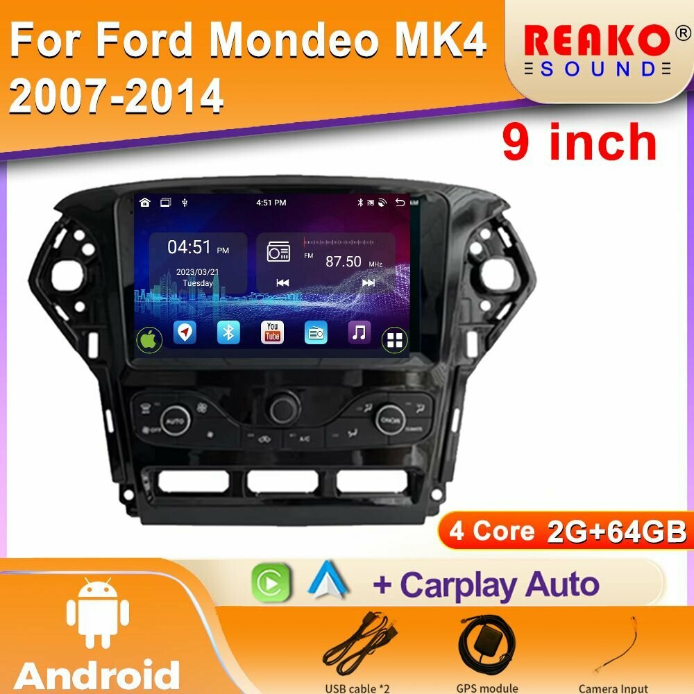 Автомагнитола для Ford Mondeo MK4 2007-2014 2/64ГБ, с камерой заднего вида. IPS экран 9 дюймов, Wifi 2din с сенсорным экраном, usb и блютузом.