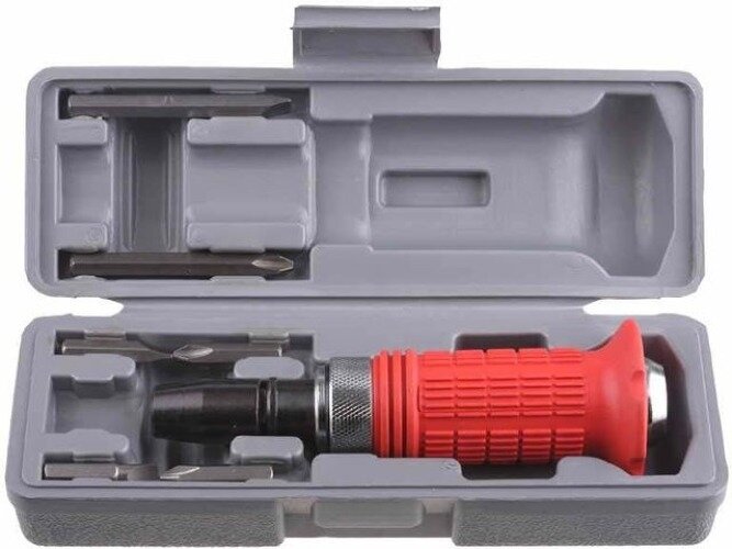 Отвертка ударная Matrix / Матрикс поворотная, с битами, в кейсе, из хромованадиевой стали, красная / инструменты