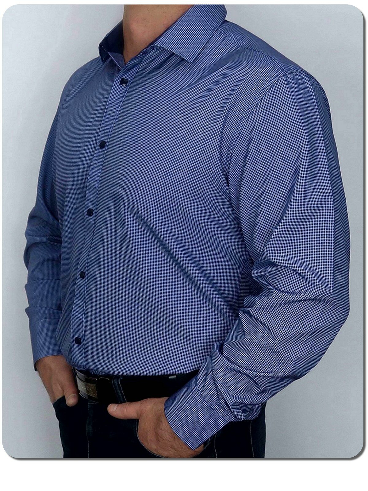 Рубашка Мужская рубашка с длинным рукавом приталенная, темная сорочка на кнопках, рубаха на любой сезон, синяя мелкая клетка, без карманов, на любой сезон и на лето рубашка Slim fit с приталенным кроем заужен