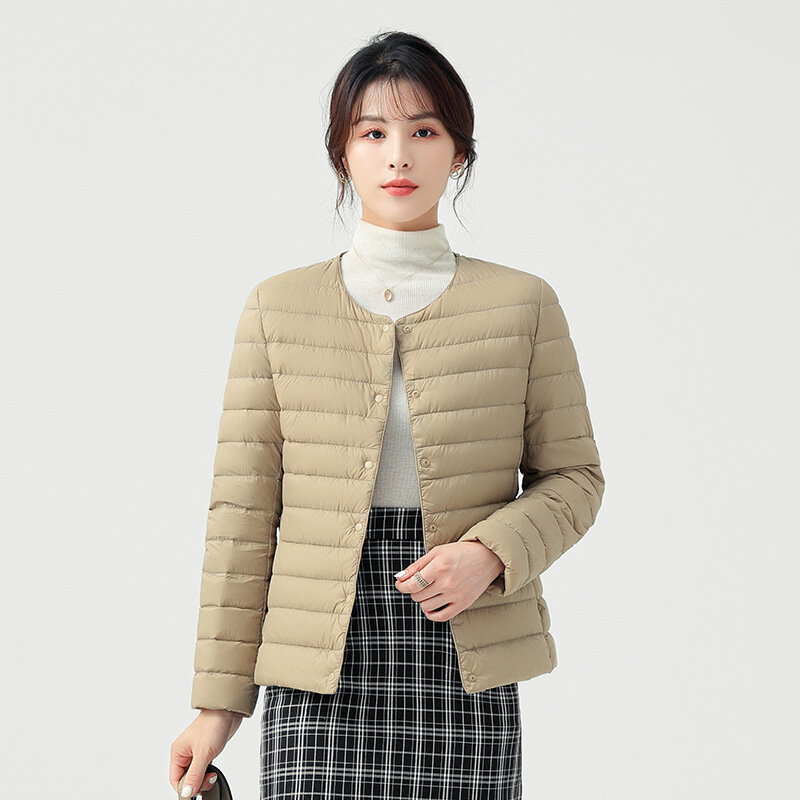 Куртка, Женская легкая пуховая куртка без воротника, ультратонкая и компактная для носки осенью и зимой, на белом пуху, с V-образным вырезом, универсальная под куртку