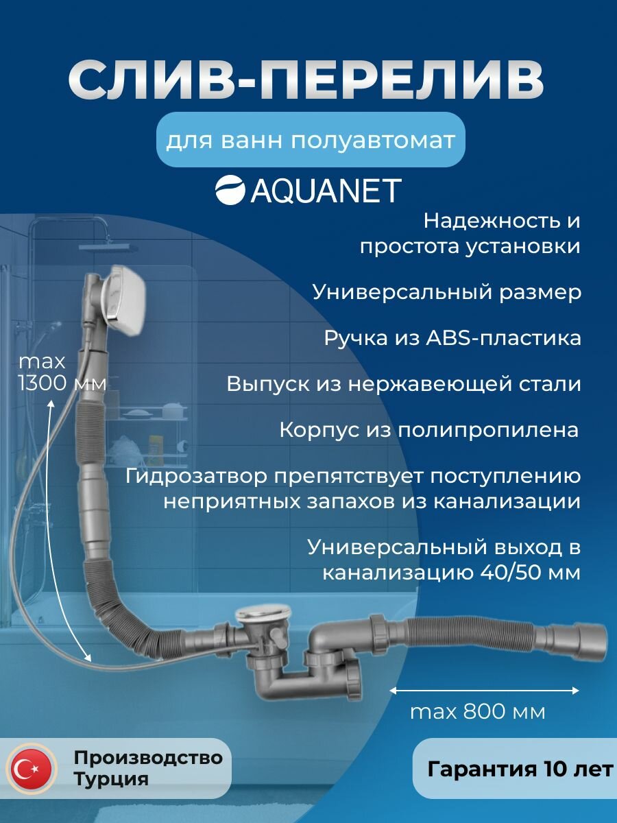 Слив перелив для ванны Aquanet хром, п/а для ванны 80 см, квадрат