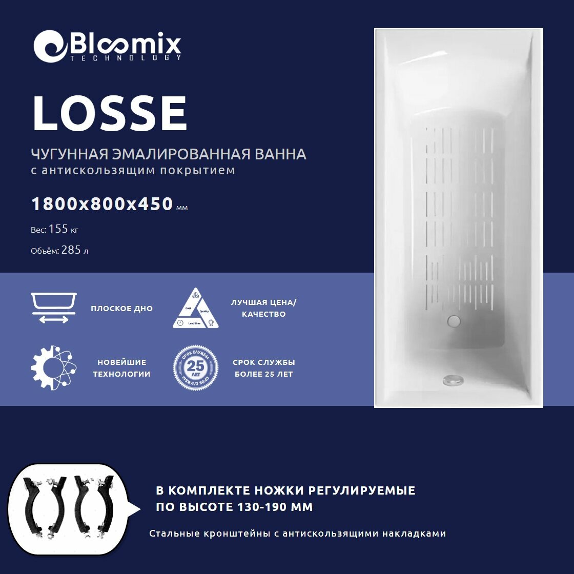 Ванна чугунная Bloomix Losse 180x80 BLS188045-ANS с антискользящим покрытием
